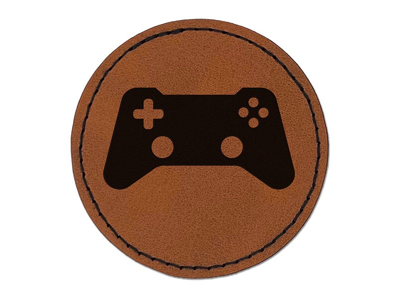 Video Game Controller Icon Round Iron-On Engraved Faux Leather Patch ...