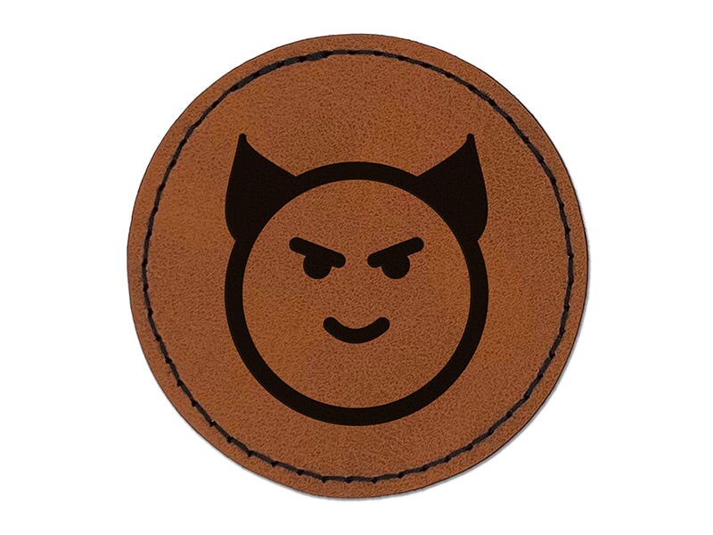Happy Devil Face Emoticon Round Iron-On Engraved Faux Leather Patch ...