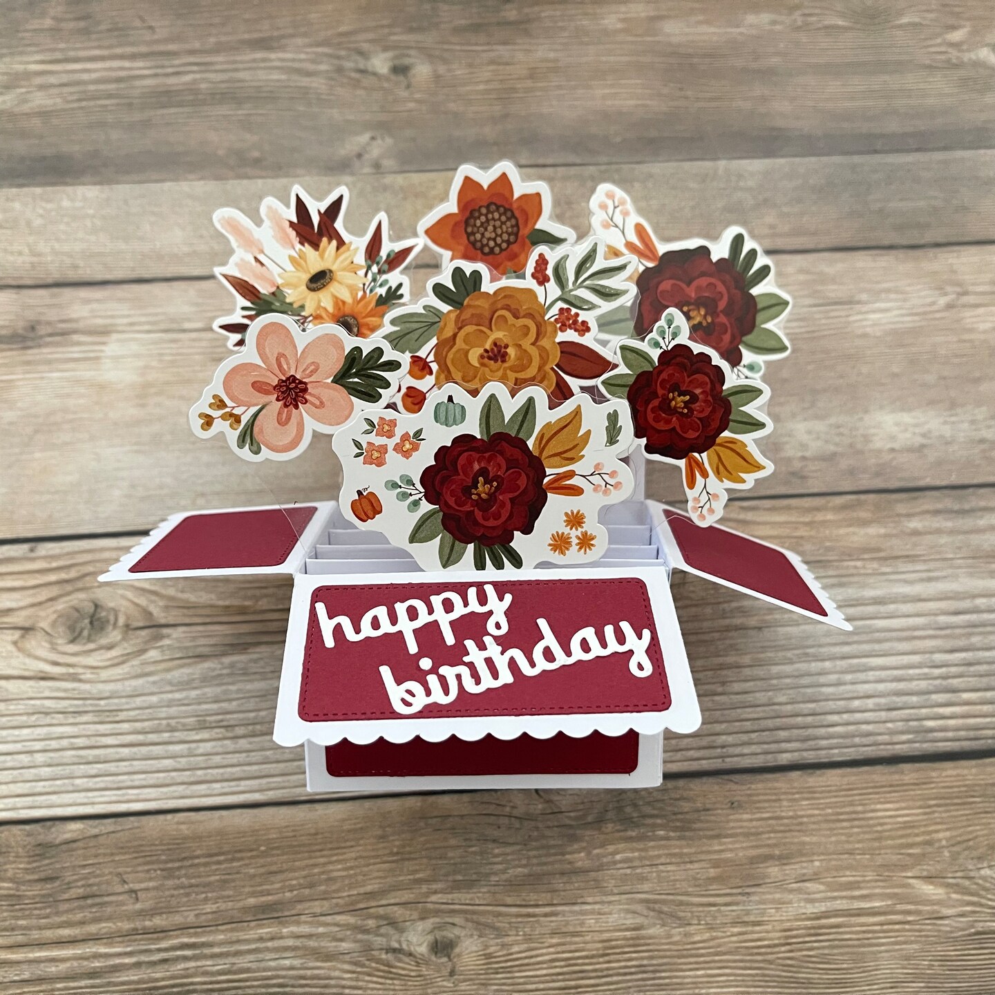 3D Box Pop Up Birthday Card, Floral Flowers Theme, Maroon Fall Colors ...