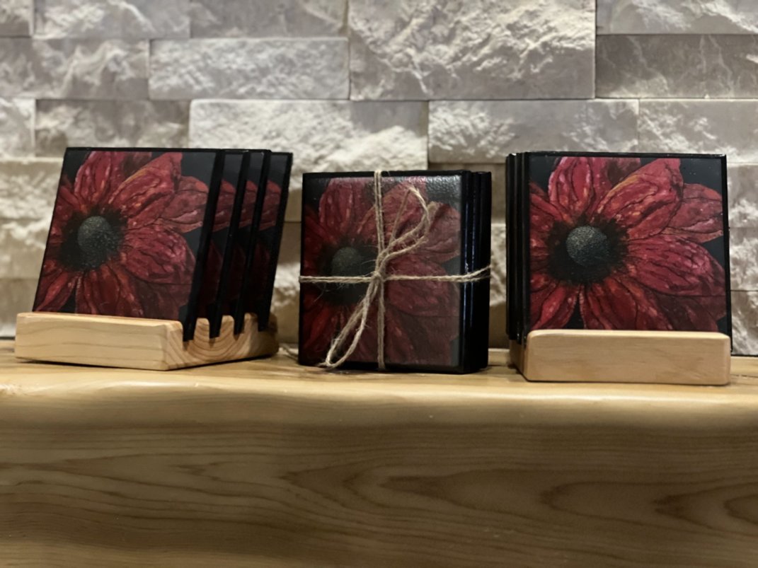 Coasters Set of 4 drink holders with stand made of cedar to display and ...