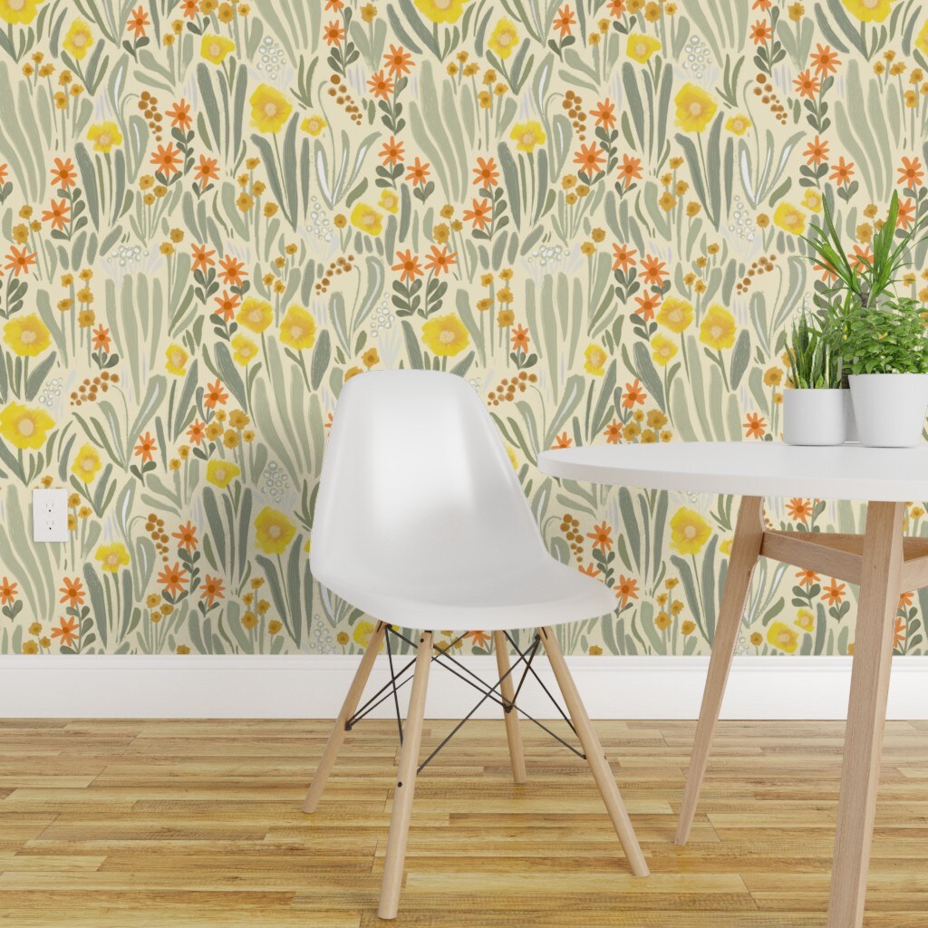 Peel & Stick Wallpaper 2FT Wide Art Nouveau Garden Sage Green Yellow ...