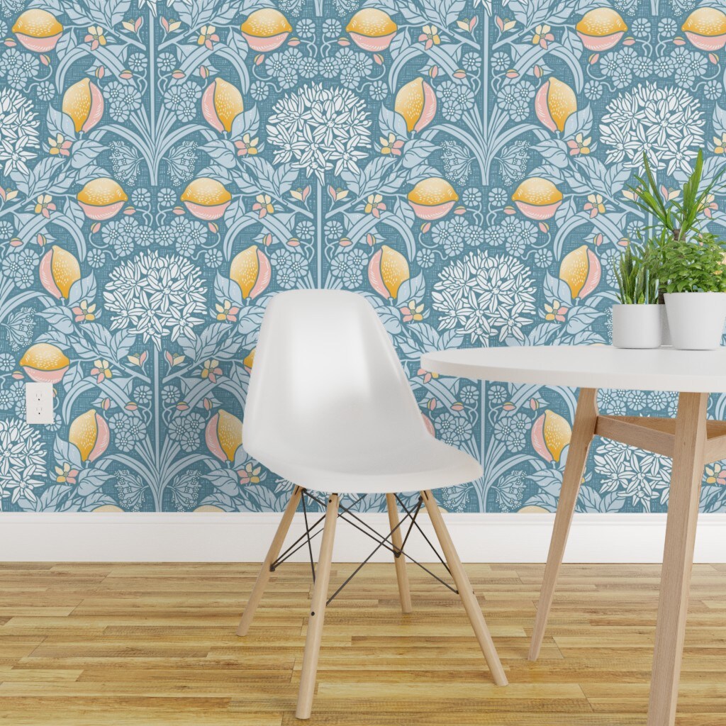 Pre Pasted Wallpaper 2ft Wide Blue Flowers Floral Citrus Damask Mustard
