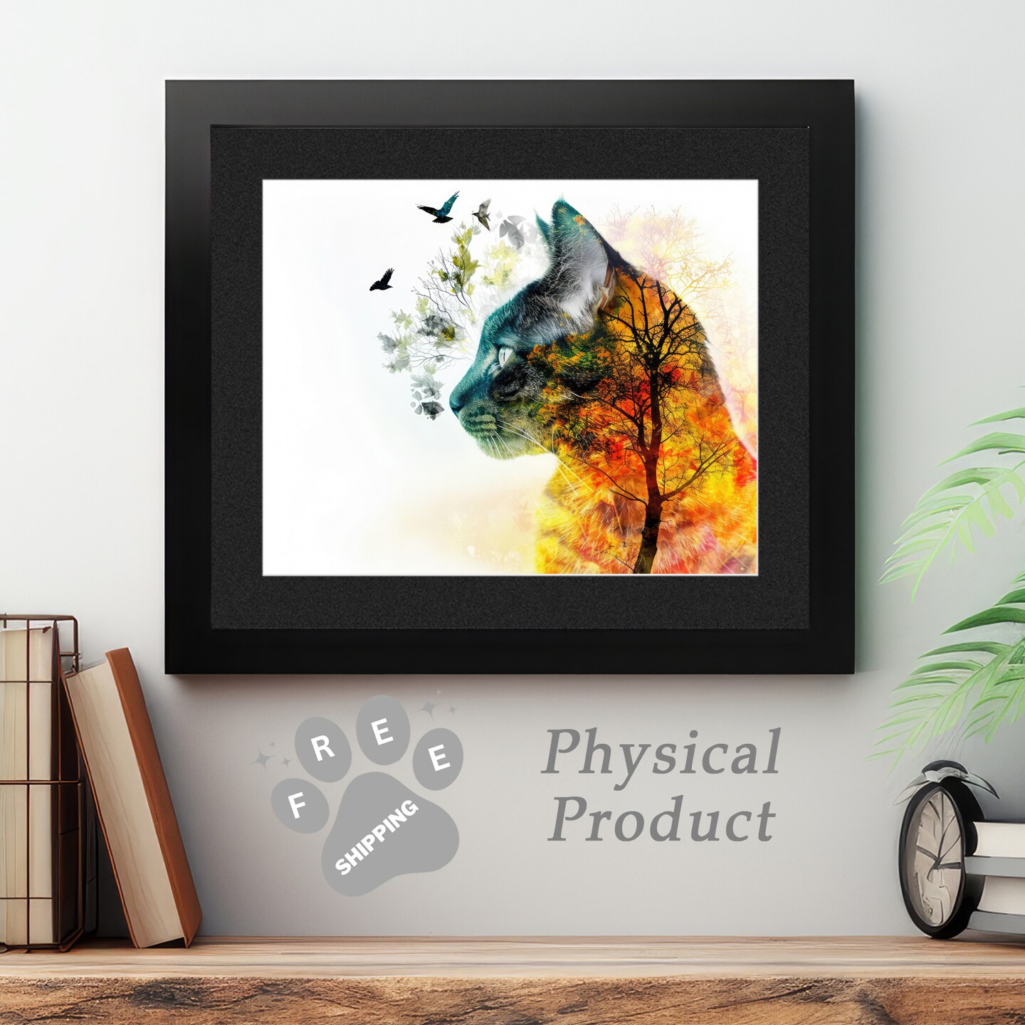 Double Exposure Cat Art with Tree and Birds, Nature Inspired Wall Art ...