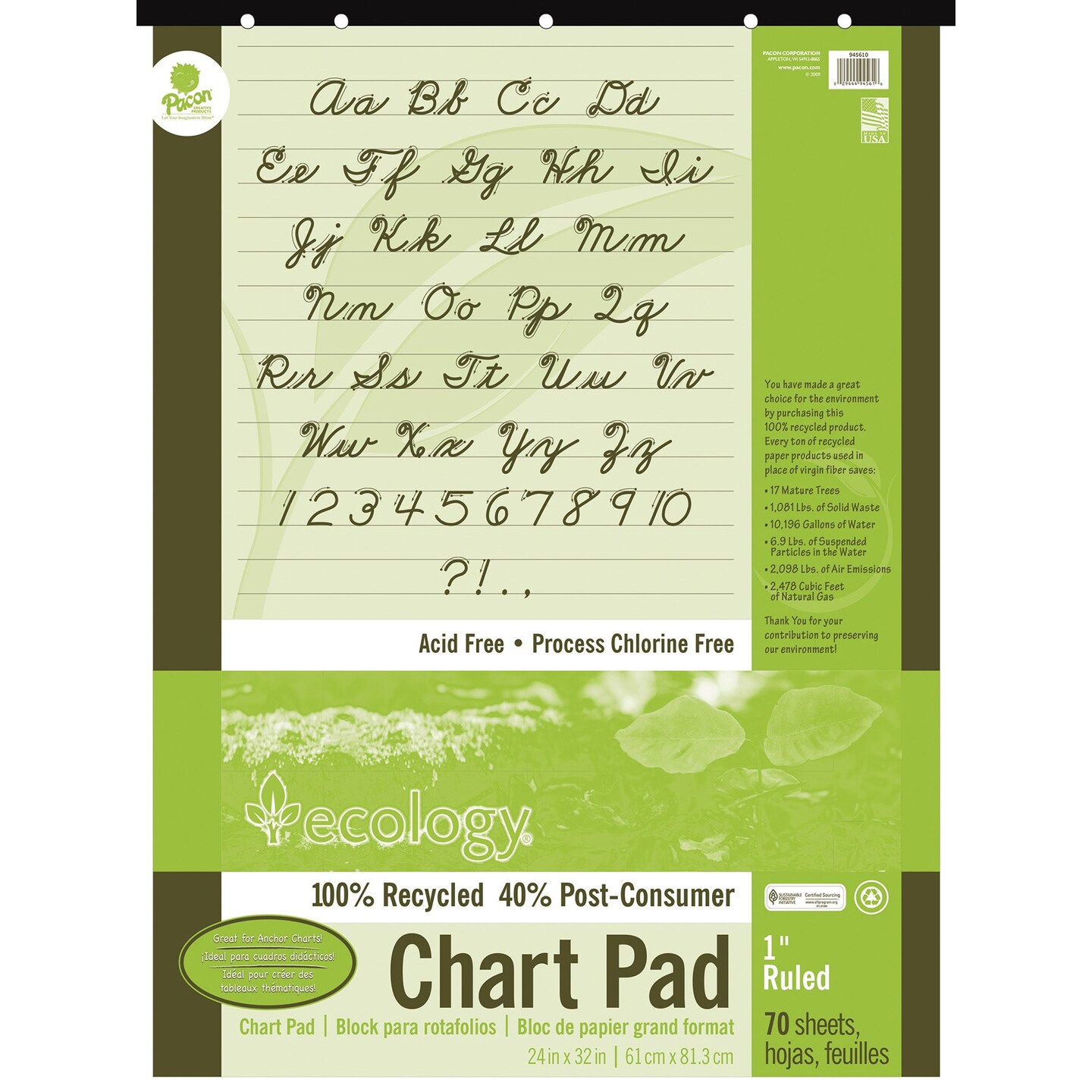 Recycled Chart Pad, Cursive Cover, 1" Ruled, 24" x 32", 70 Sheets ...