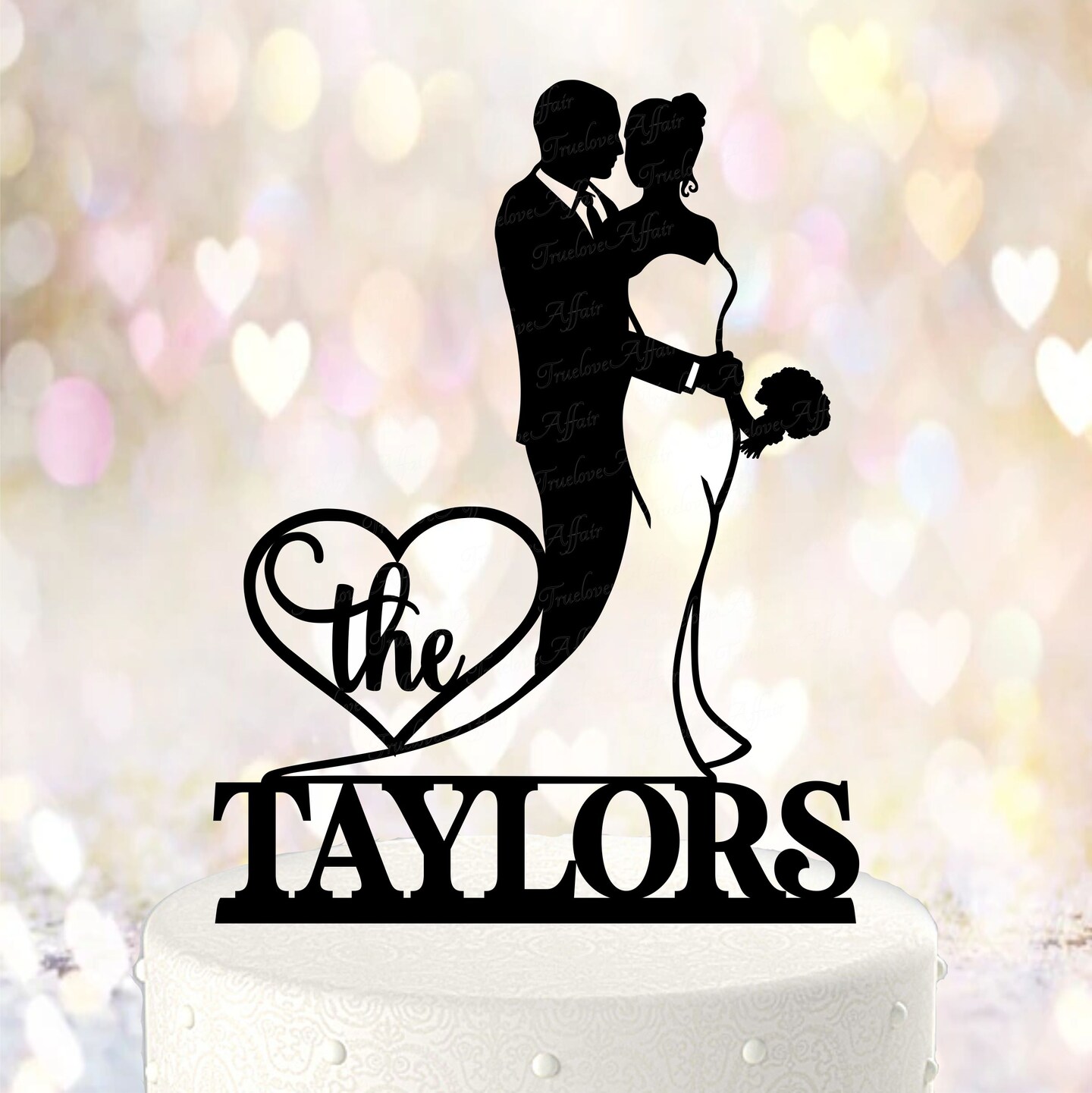 Silhouette Wedding Cake Topper ~ Groom Embracing Bride with Last Name ...
