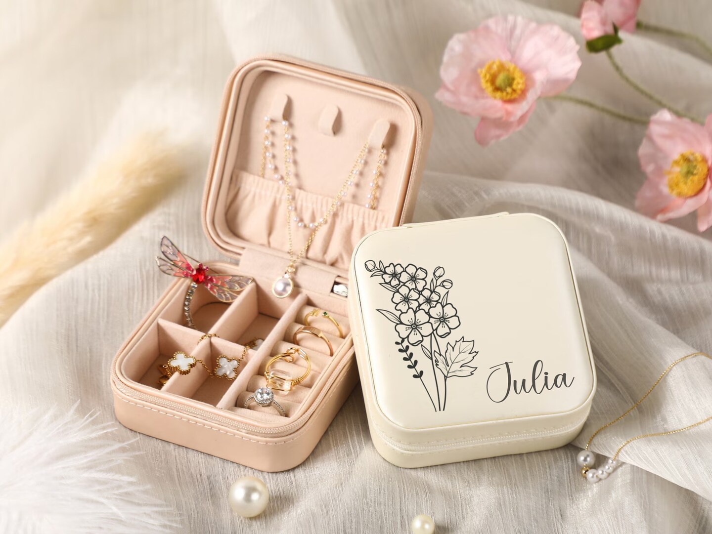 Personalized Travel Jewelry Box, Custom Birth Flower Jewelry Box, Small ...