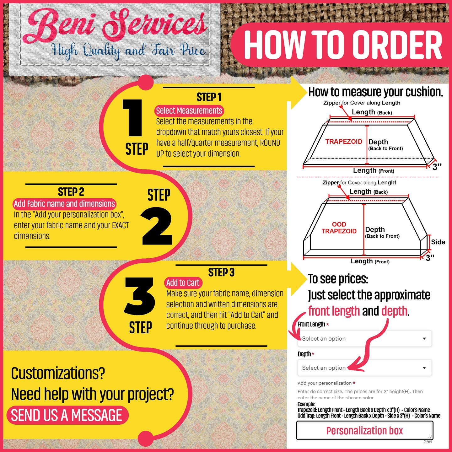 3" thick - Custom Bay Window Bench Cushion - TRAPEZOID SHAPE, ODD shape ...