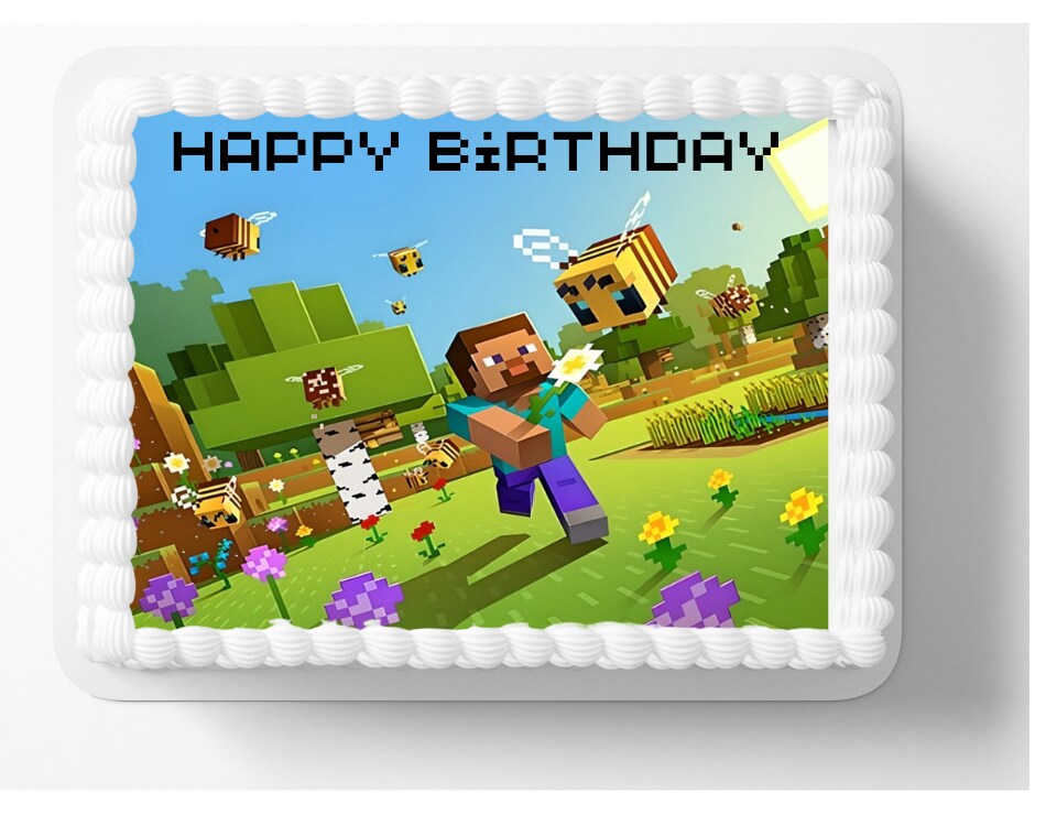 Pixelated Mine Bee Edible Image Birthday Video Game Party Cake Topper ...