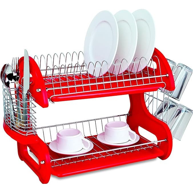 Home Basics Plastic 2-Tier Dish Drainer Rack Air Drying and Organizing ...