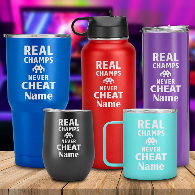 Personalized Name "Real Champs Never Cheat" Gaming Tumbler, Double ...