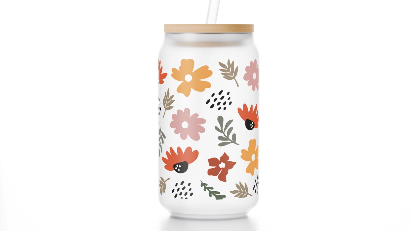 16 oz Frosted Libbey Glass Cup, Botanical Flower Design, Beer Can Glass ...