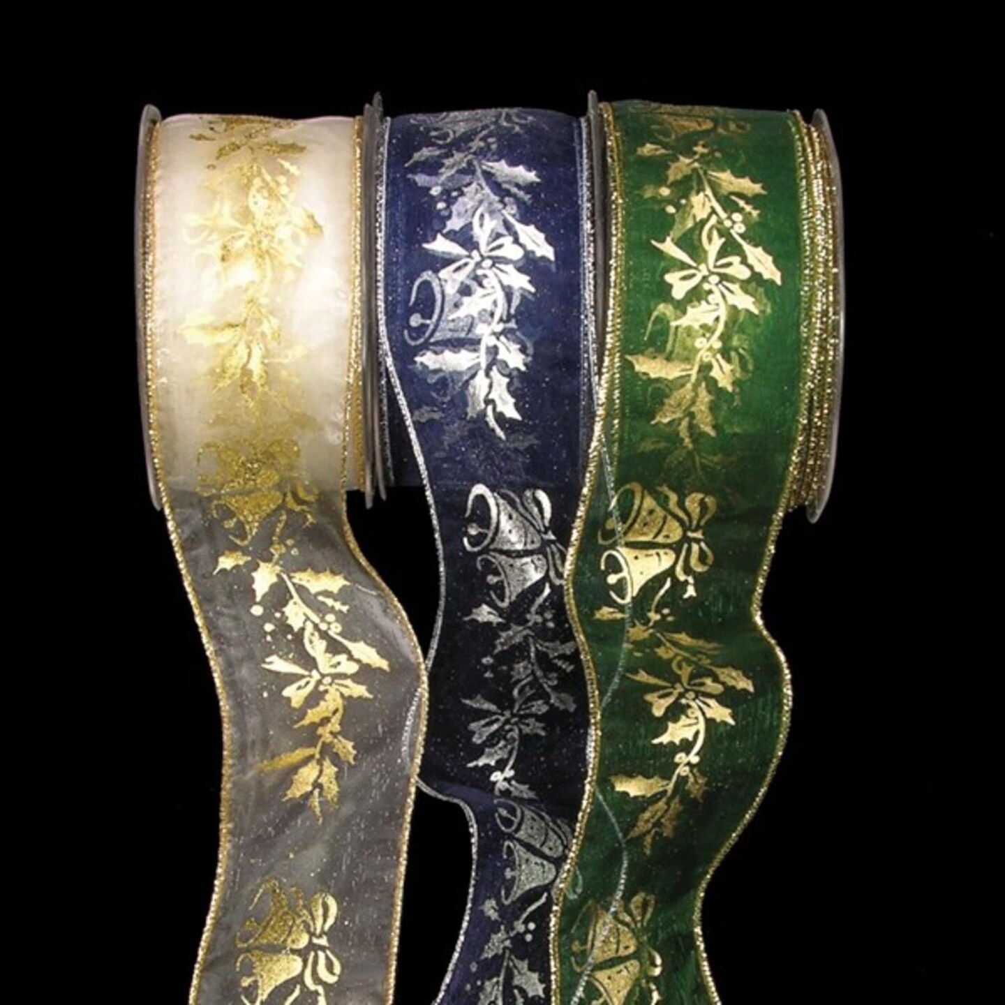 The Ribbon People Ivory and Gold Colored Organza Jingle Bells Print ...