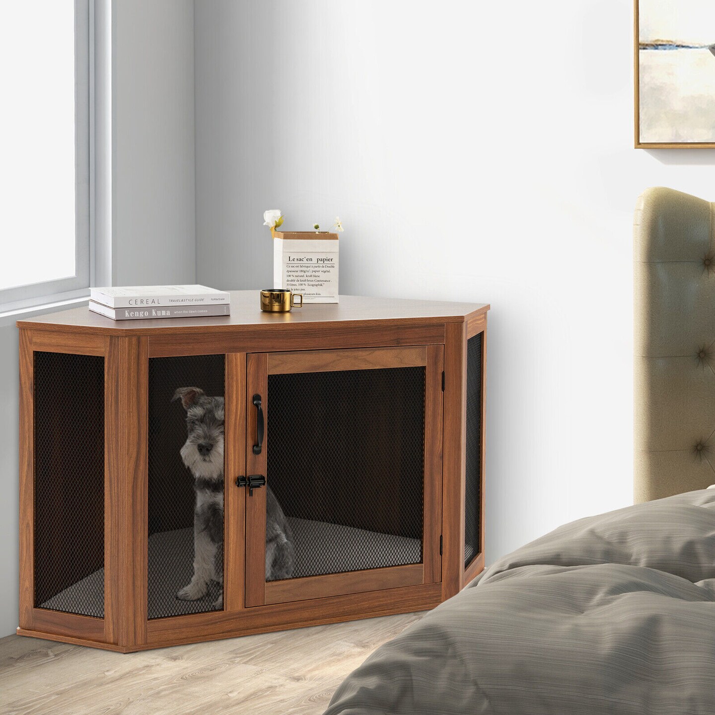 Corner Dog Kennel with Mesh Door and Cushion-Brown | Michaels