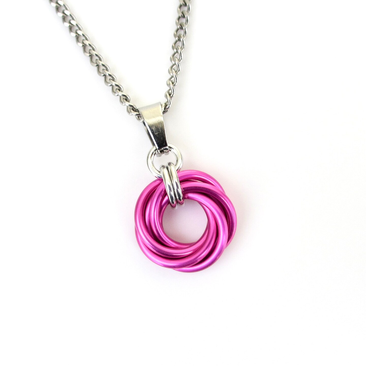 Hot pink chainmail love knot pendant necklace, small, simple minimalist ...