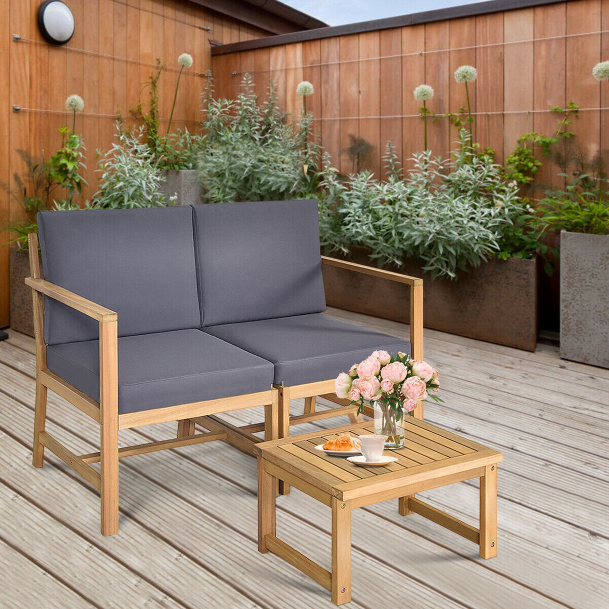 3 In 1 Acacia Wood Furniture Set Patio Outdoor W/ Cushion Coffee Table ...