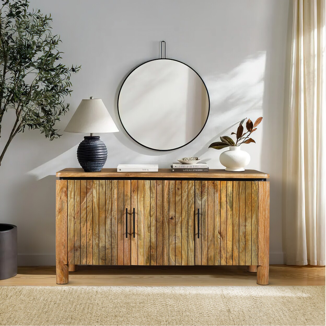 Saltoro Sherpi 54 Inch Sideboard Console with 3 Grooved Cabinet Doors ...