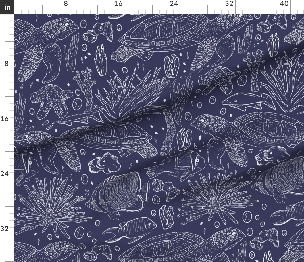 Blue Fish Turtles Line Drawing And White Sea Creatures Life Coastal ...