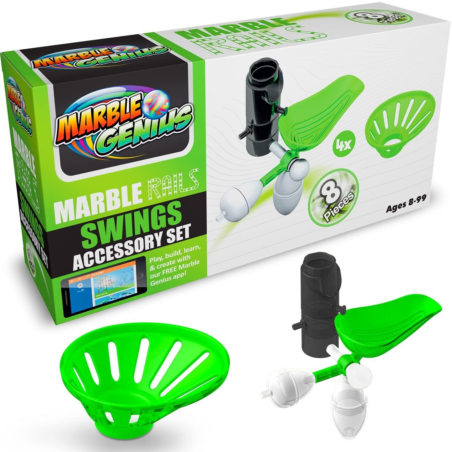 Marble Genius Marble Rails Swings & Catches Set: 8 Piece Marble Run (4 ...