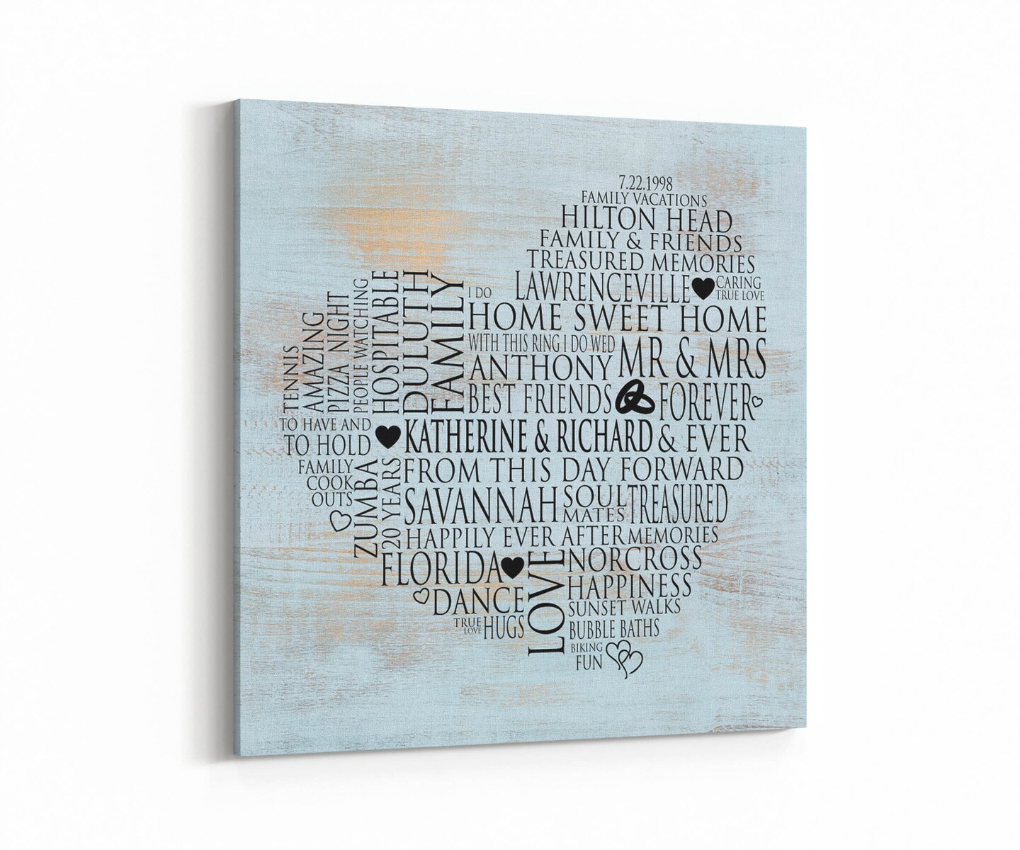 Custom Tilted Heart Word Cloud Canvas - Wedding or Anniversary Gift ...