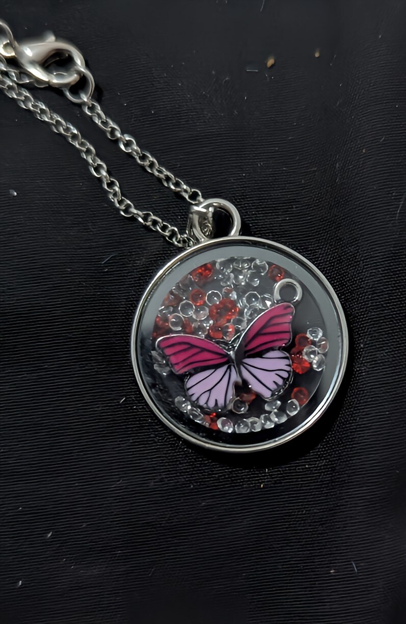 Floating Locket with Pink Butterfly Charm and Crystal Necklace Beveled ...