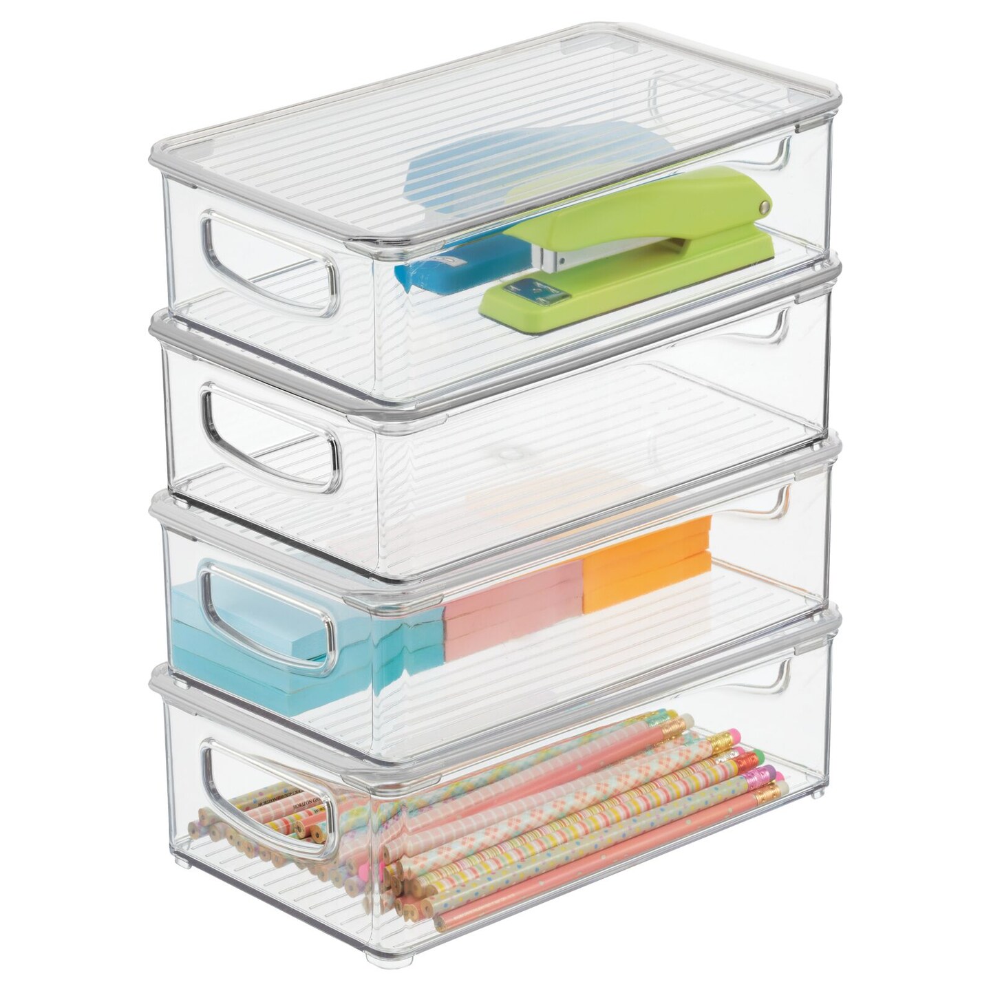mDesign Plastic Office Storage Bin Box with Lid and Handles, 4 Pack ...