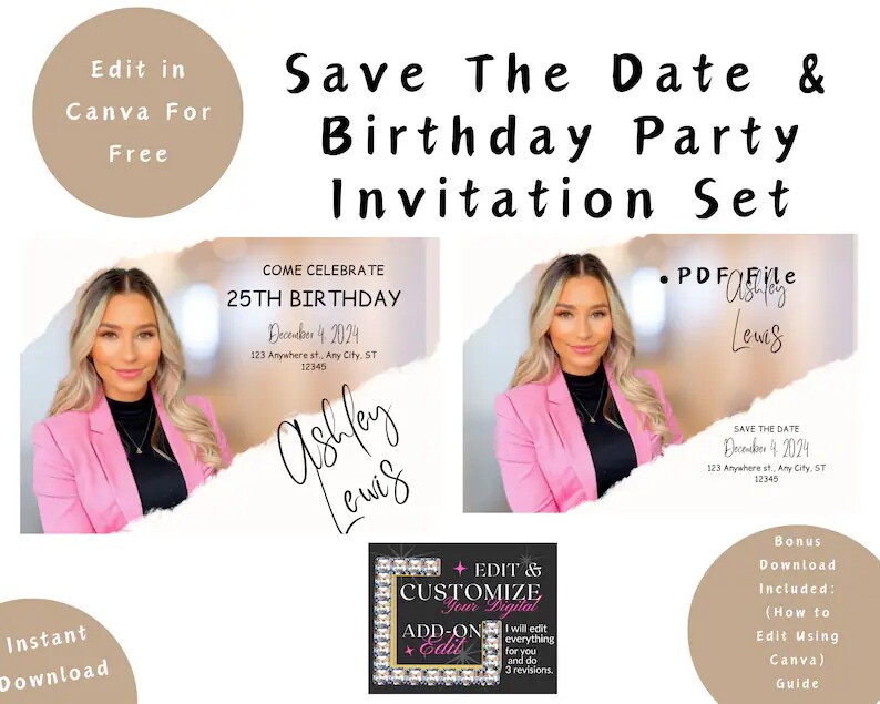 Save The Date and Birthday Party Invitation Two Card Set, Sophisticated ...