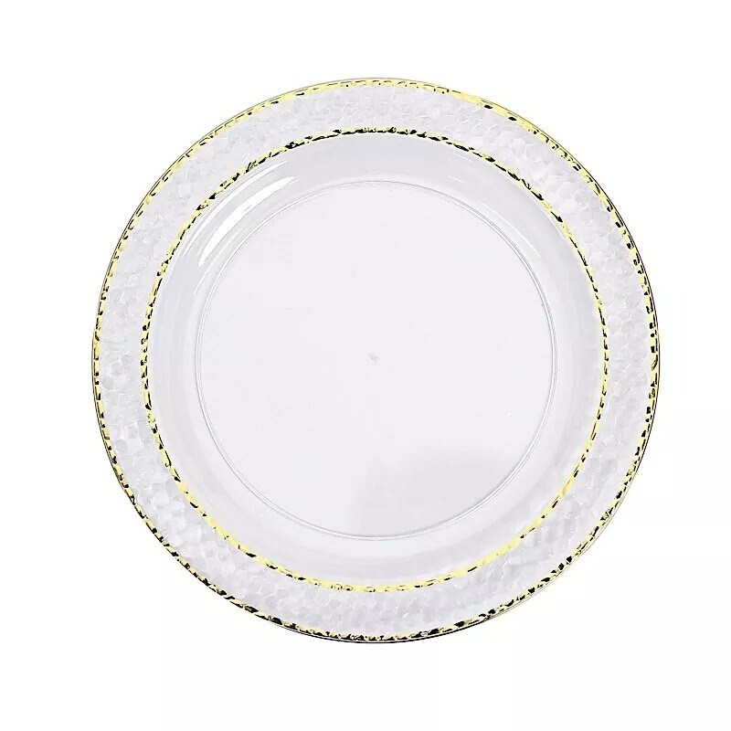 50 CLEAR 10" Round Salad PLATES Hammered GOLD Trim | Michaels