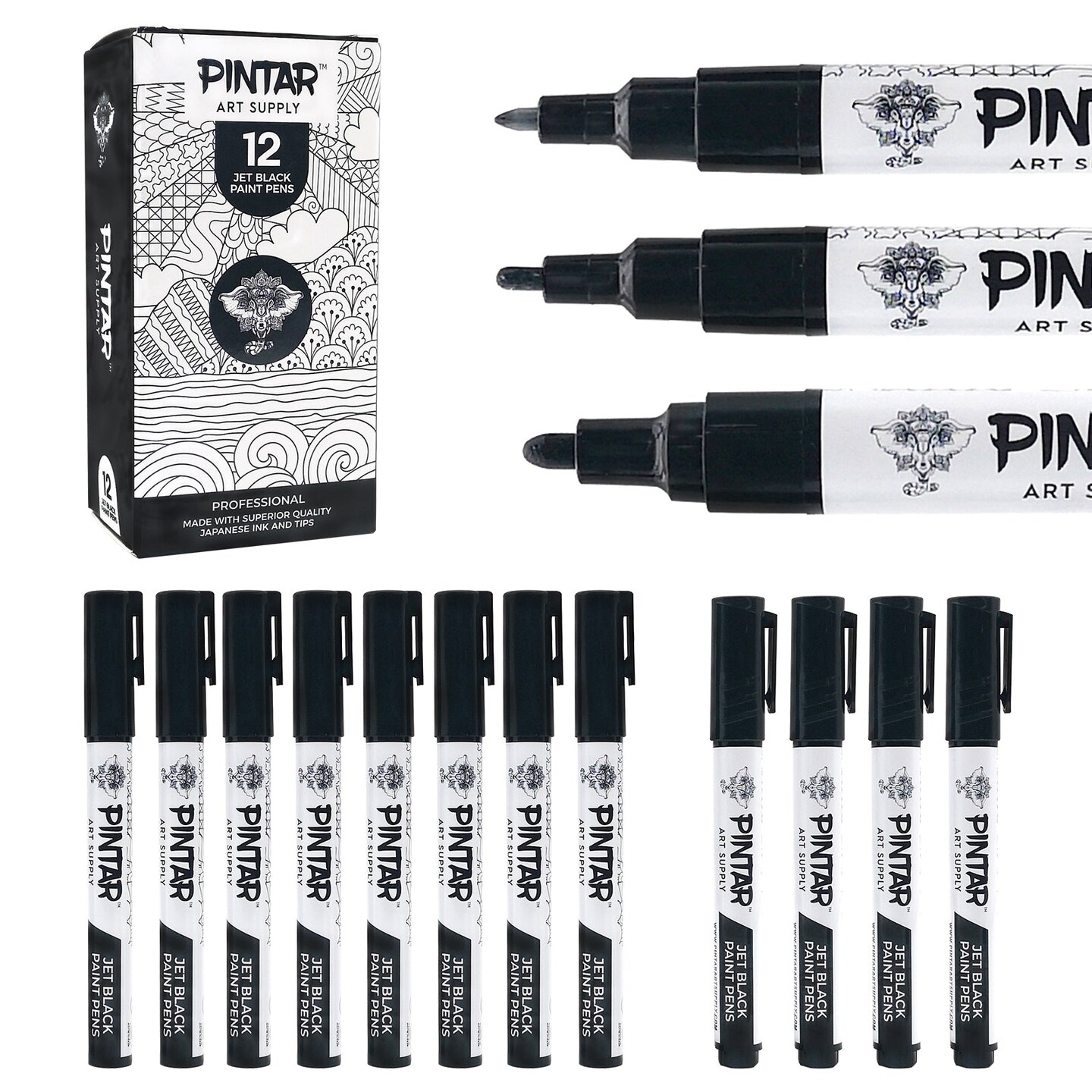 PINTAR Premium Acrylic Paint Pens - Set of 12 Black (4) 0.7mm, (4) 1 ...