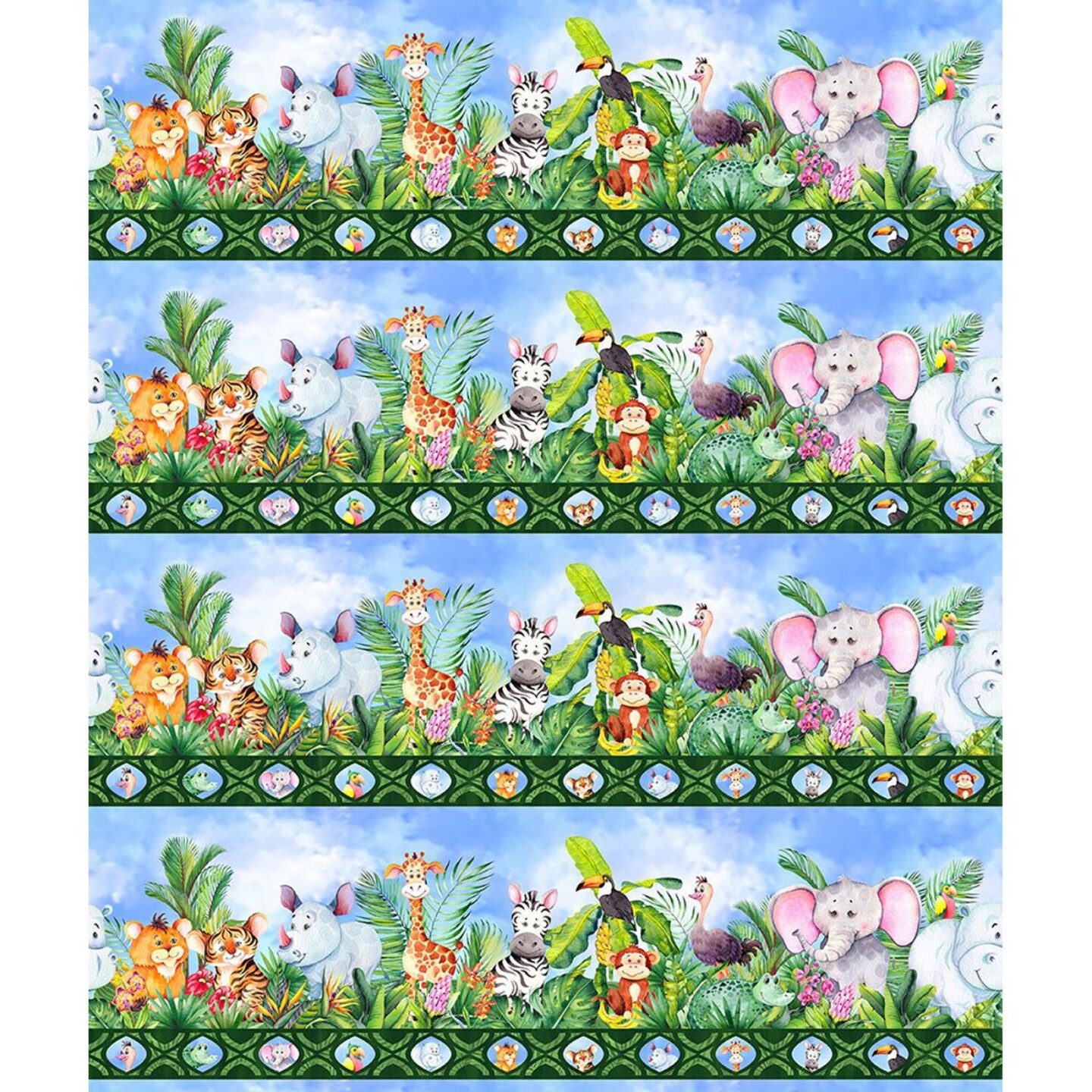 Jungle Friends Border Stripe Cute Animals Cotton Fabric by In the ...