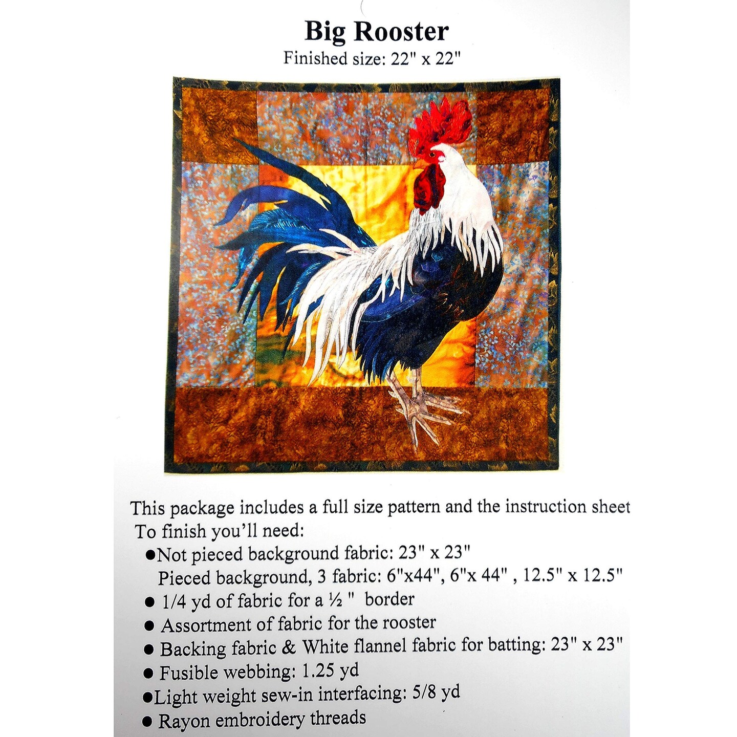 Big Rooster Full Size Applique Quilting Quilt Pattern and Instruction ...