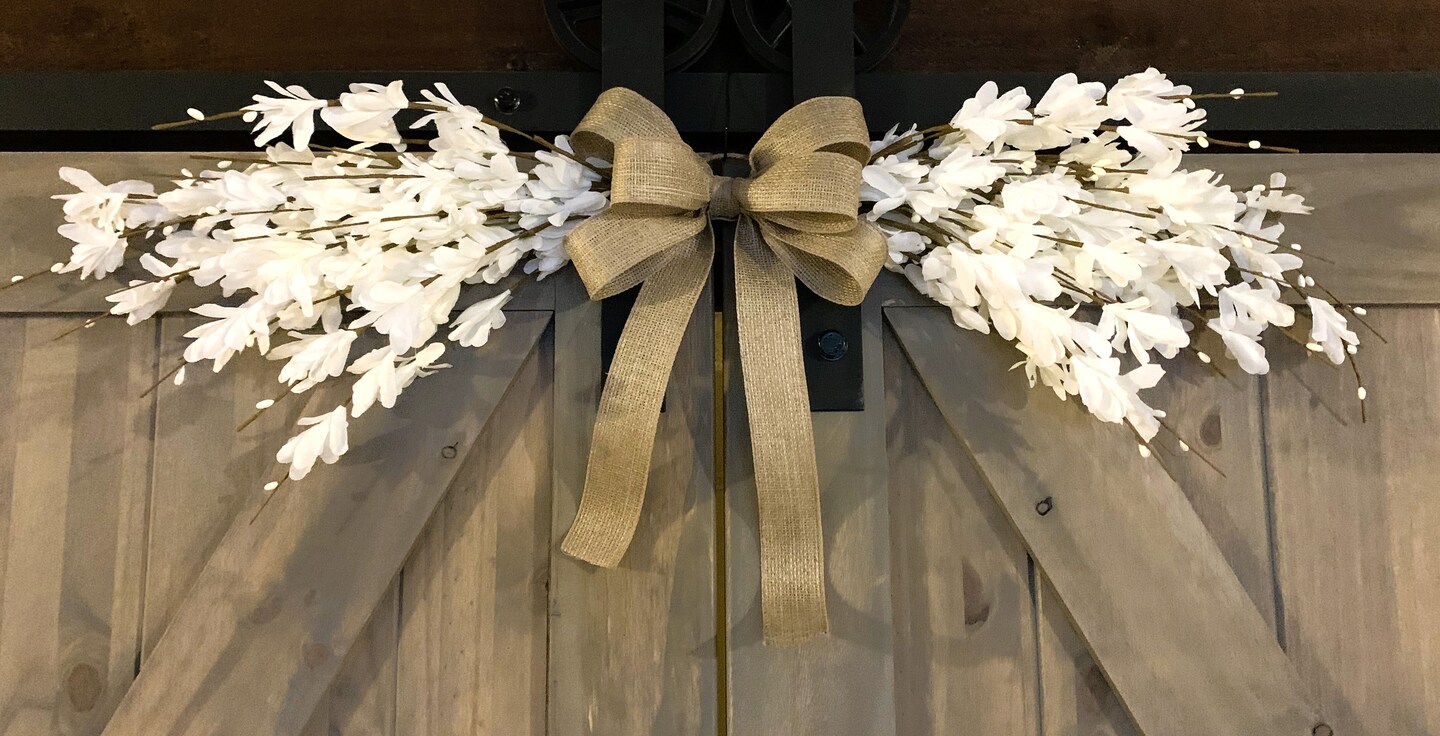 Farmhouse Swag, White Forsythia Swag Wreath, Burlap Bow, Modern Décor ...