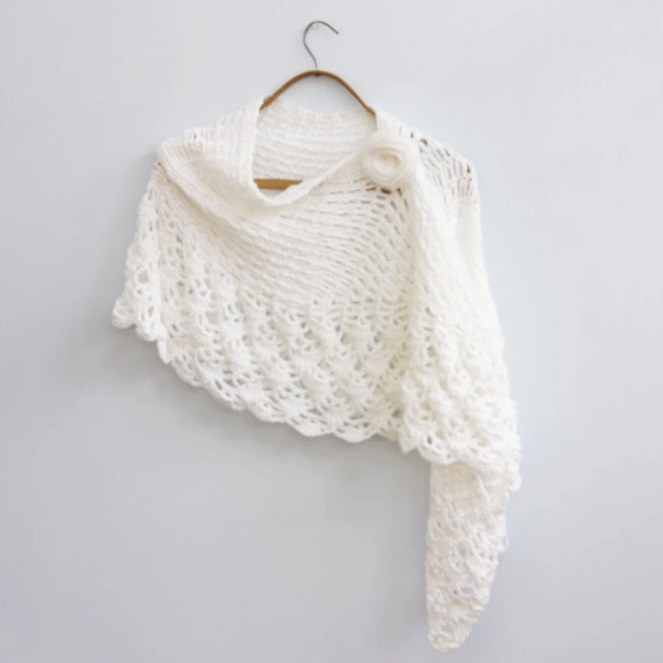 Hand Crochet Lace Shawl with Flower Pin, Soft Shawl for Bride, Boho ...