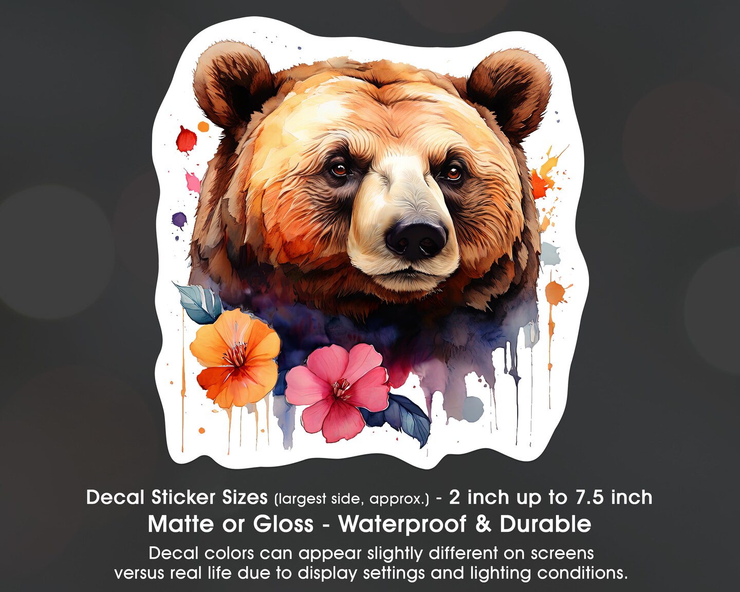 Brown Bear Flower Watercolor, Vinyl Decal Sticker In Multiple Sizes ...