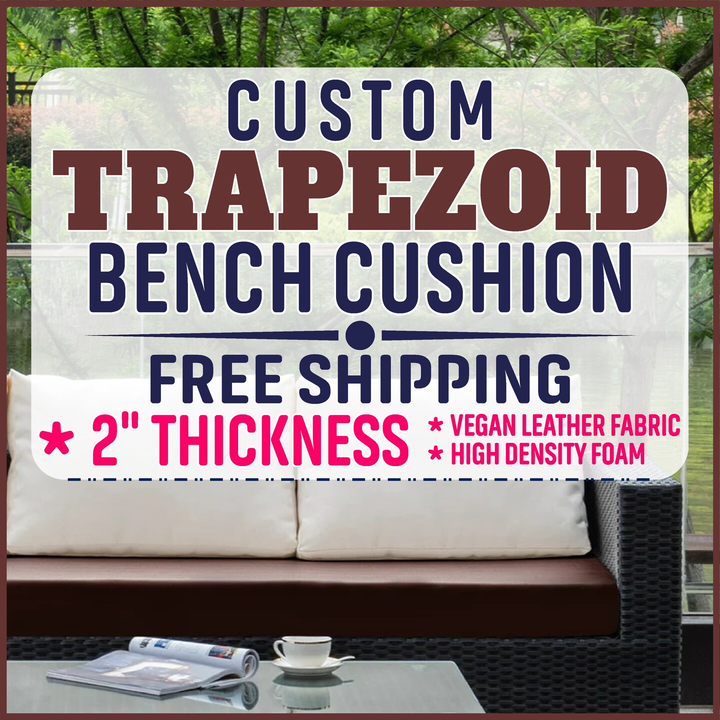 2" Thick Custom Window Seat Cushion for Bay Window with Zipper in Vegan ...