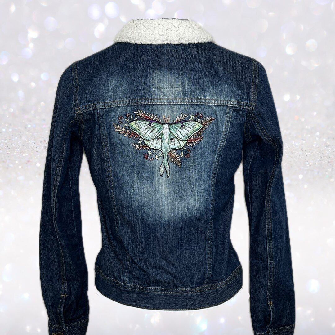 Magical Upcycled Luna Moth Women's Denim Jacket • sherpa collar ...