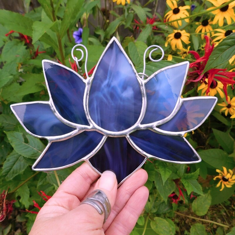Lead Free Lotus Flower Stained Glass Suncatcher in Purple | MakerPlace ...