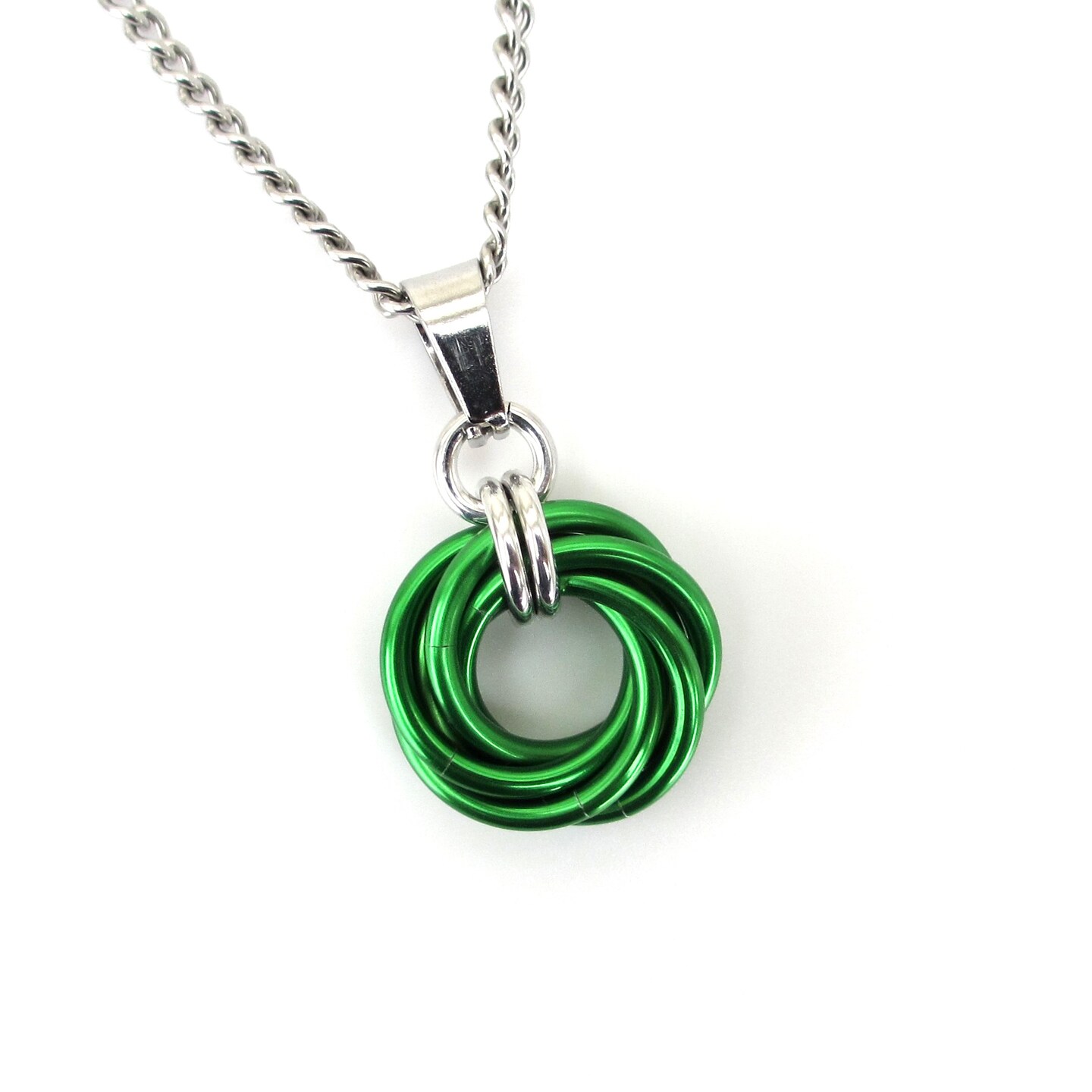 Shamrock green chainmail love knot pendant necklace, small, simple ...
