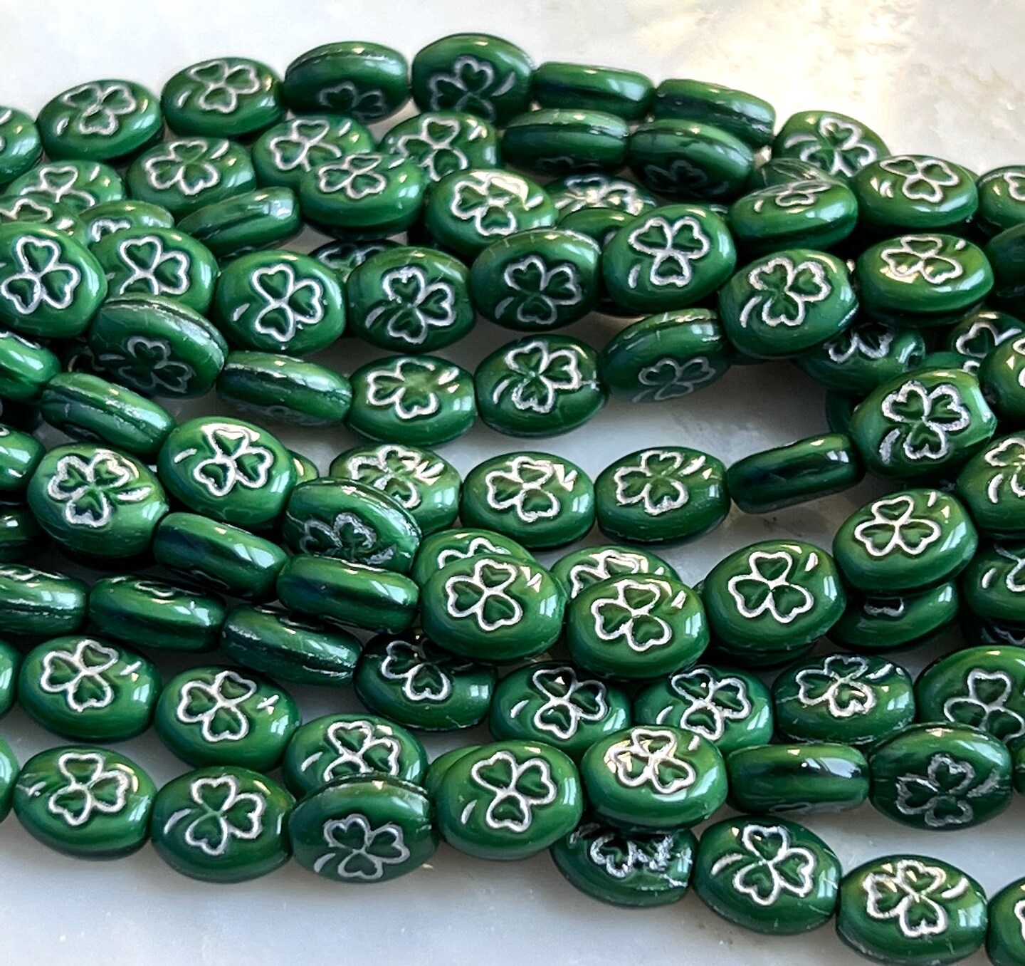 St. Patrick's Day Green and Silver Shamrock Oval Czech Glass Bead 15 ...