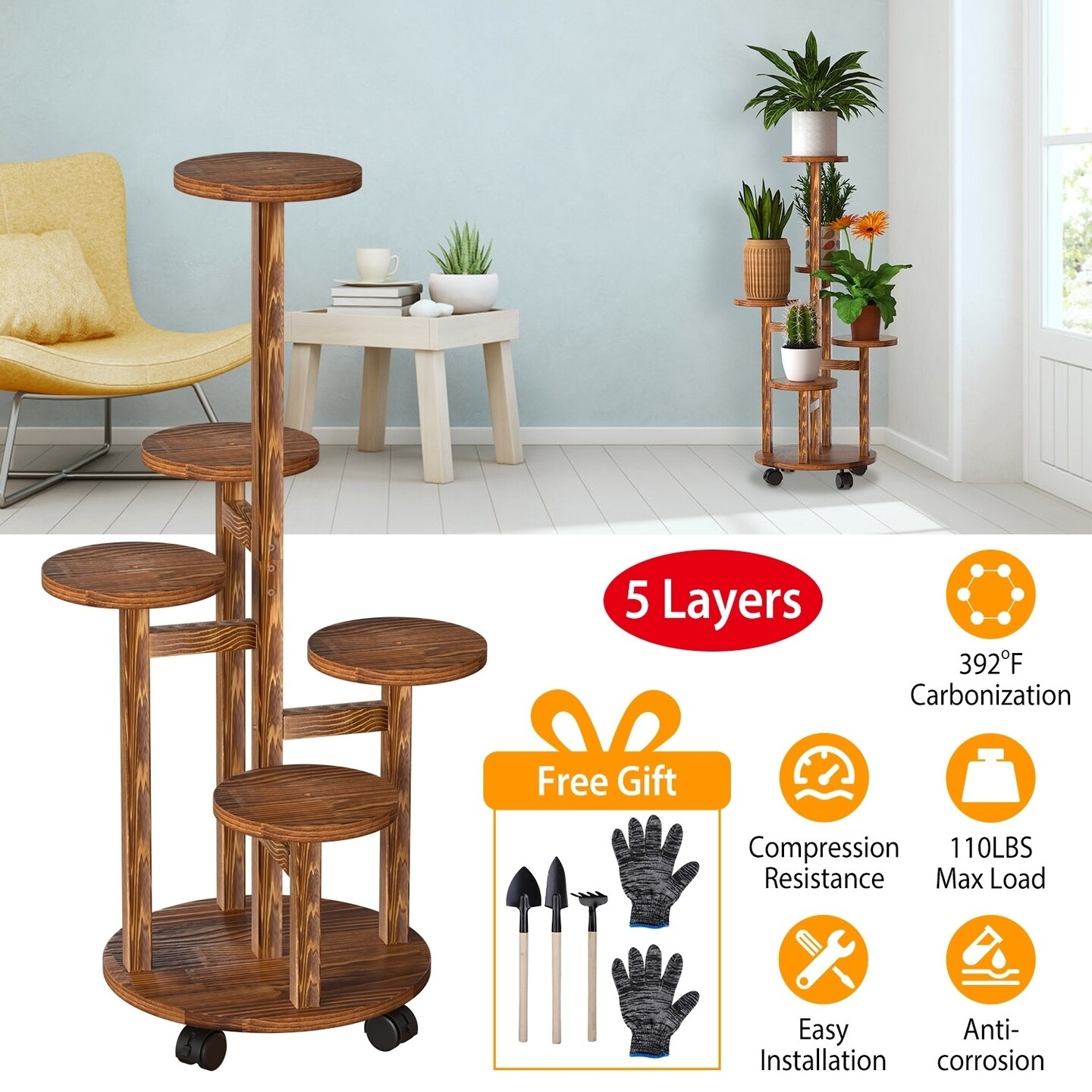 5 Tier Wooden Plant Stand Dark Brown Rolling Shelf With Detachable ...
