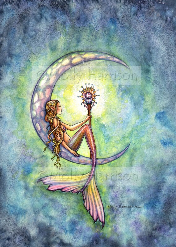 Mermaid Moon - Sweet Mermaid on Crescent Moon Watercolor Fantasy Art ...