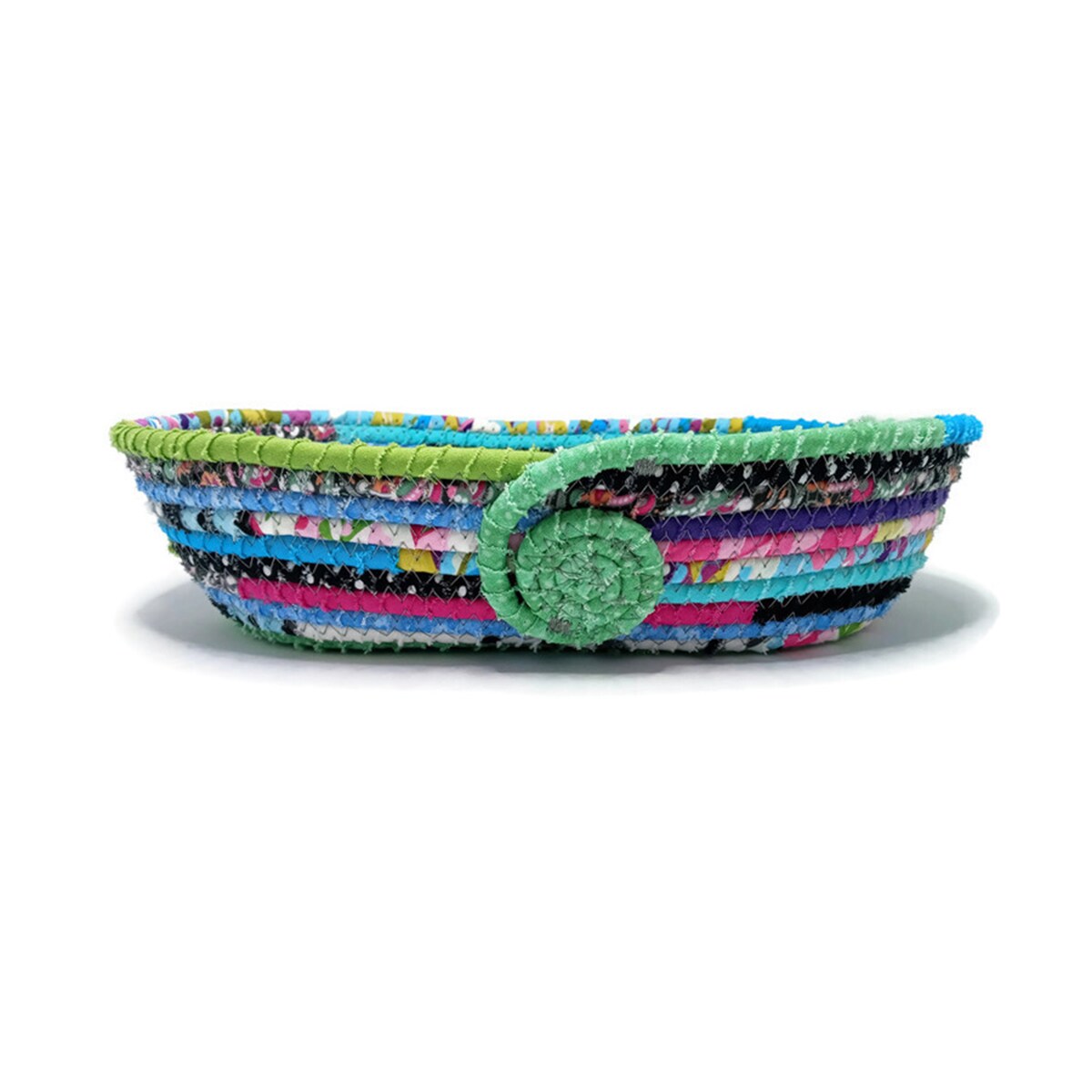 Multicolor boho coiled rope and cotton fabric basket bowl. Oval soft ...