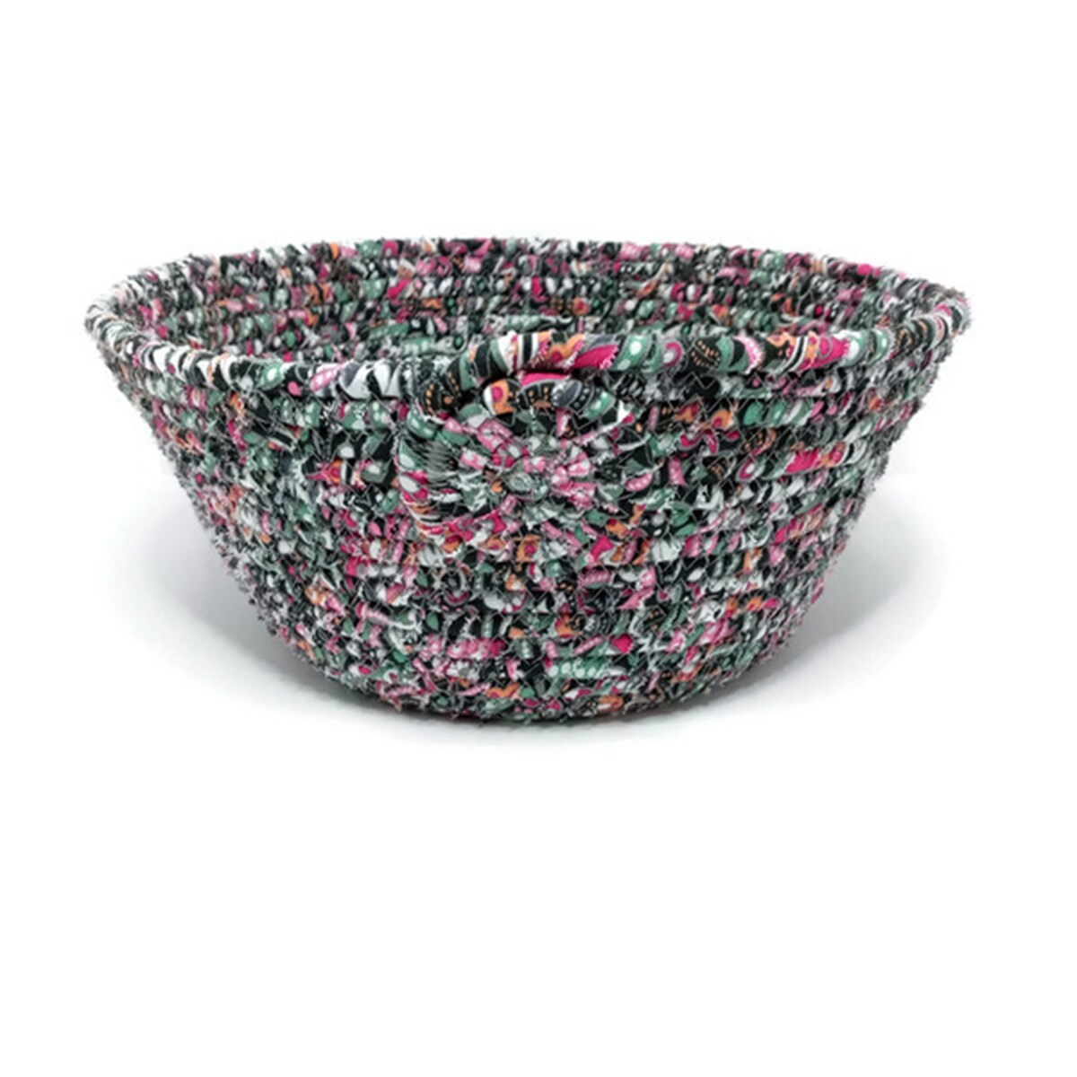 Grey pastel coiled rope and cotton fabric basket bowl. Round fabric ...