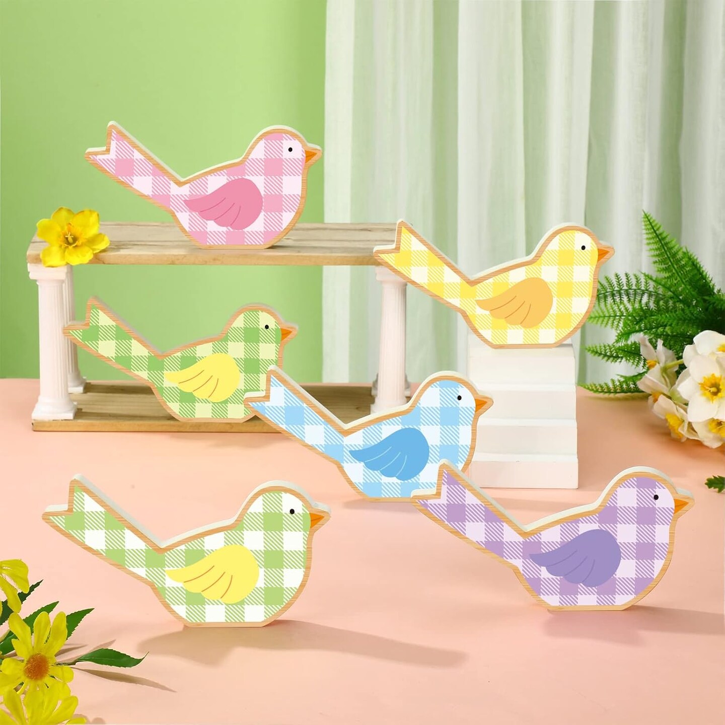 Six Pieces Wooden Bird Decorative Figurines for Home Spring Decorations ...