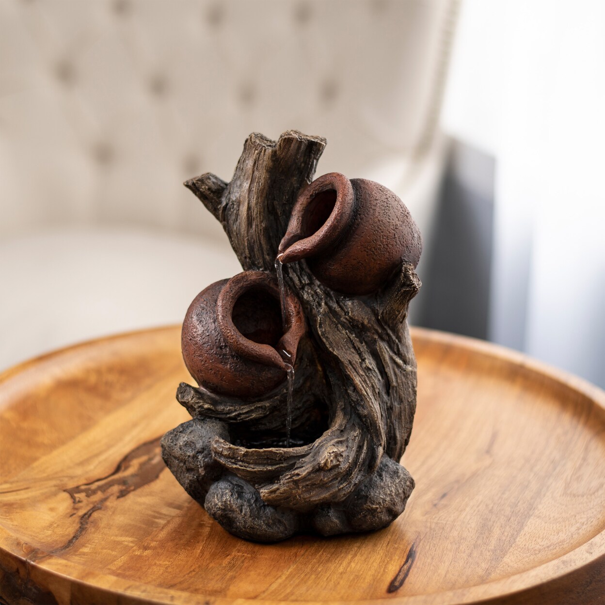 Pure Garden Tabletop Water Fountain Rustic Tree Trunk Clay Pots ...
