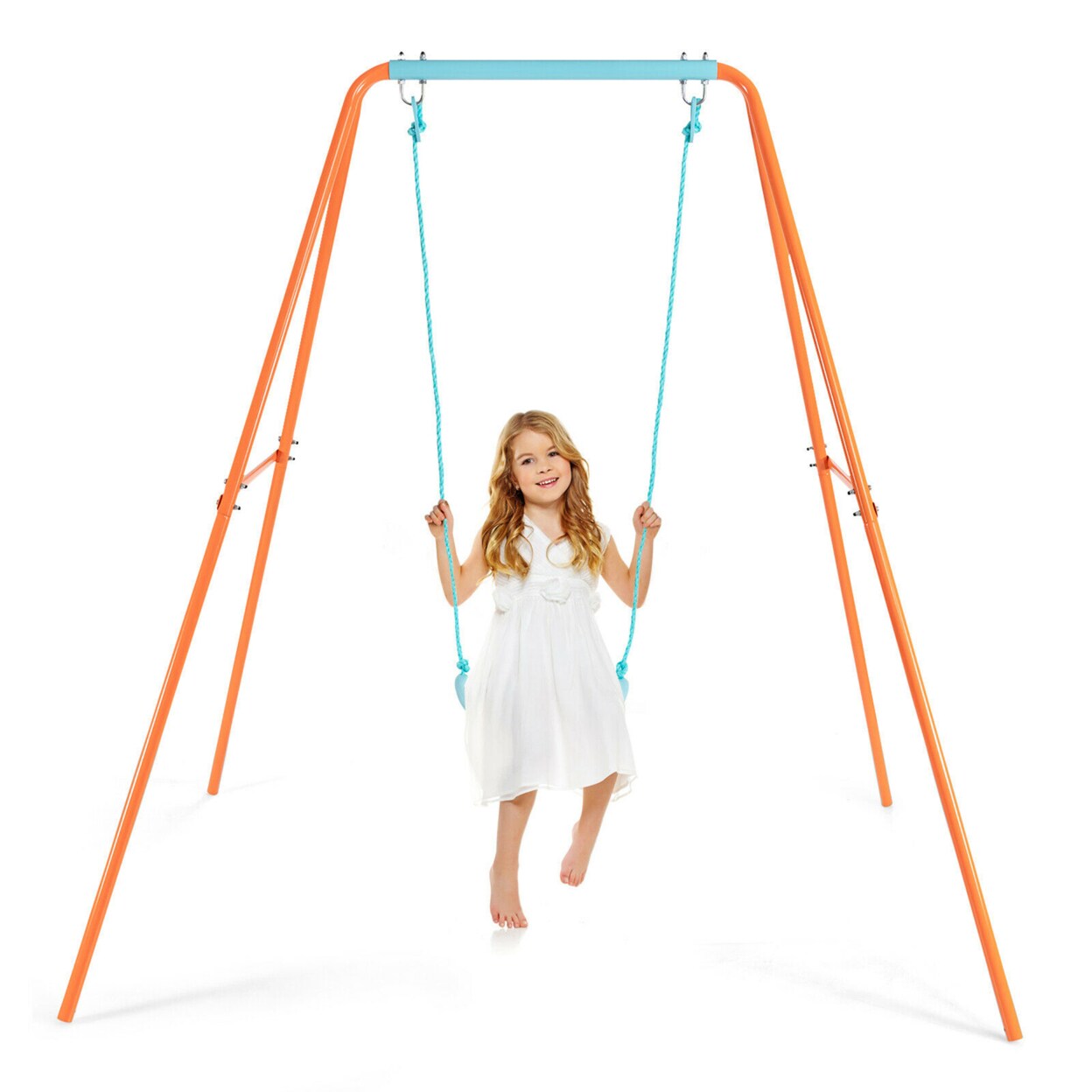 Outdoor Kids Swing Set Heavy Duty Metal A-Frame W/Ground Stakes Orange ...