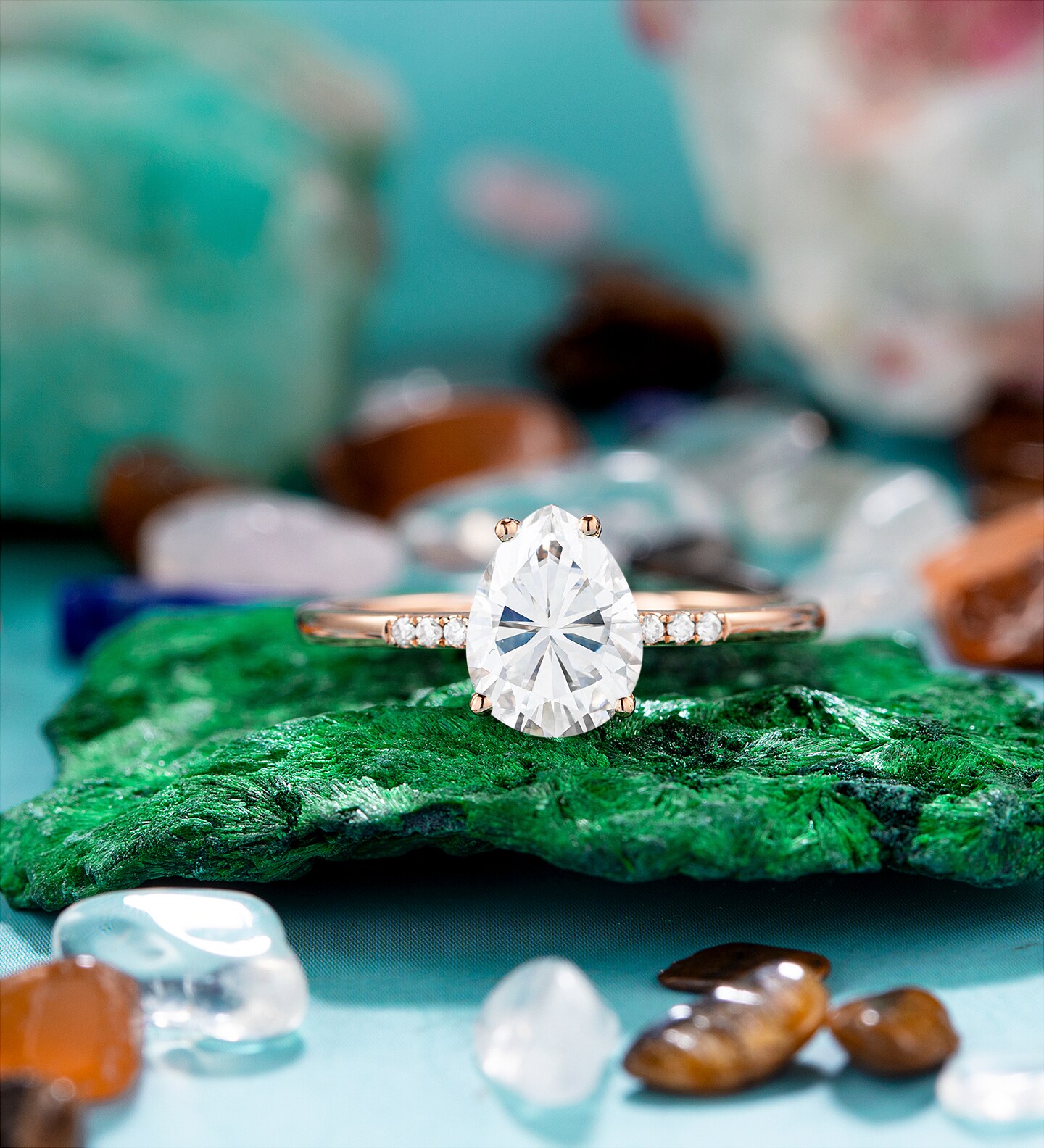 Pear shaped moissanite engagement ring, unique prong set diamond rose ...