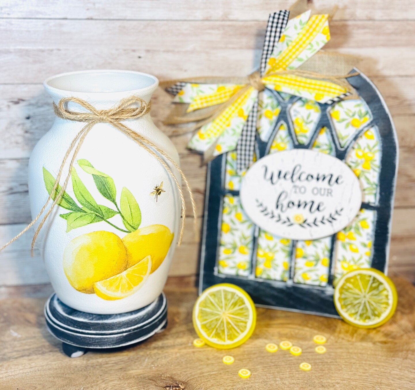 Rustic Farmhouse Lemon Bee Bouquet Vase, Lemon, Summer Decor Decoupage ...