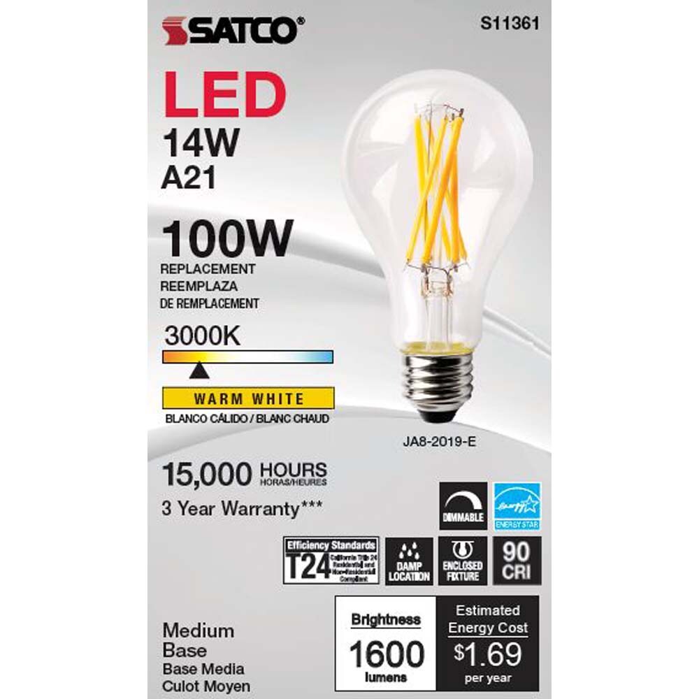 Satco 14w A21 LED Clear 3000k Warm White E26 Medium base 120 Volt | Michaels
