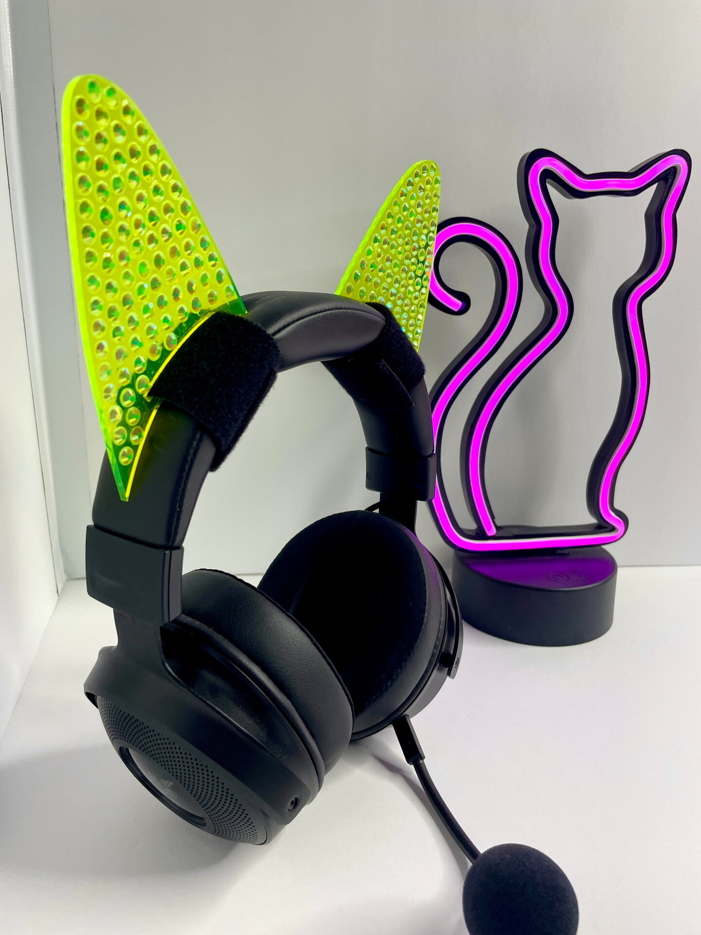 Pavé Rhinestone Fluorescent Neon Headphone Cat Ears Cyberpunk Rave Edc Glows In Blacklight