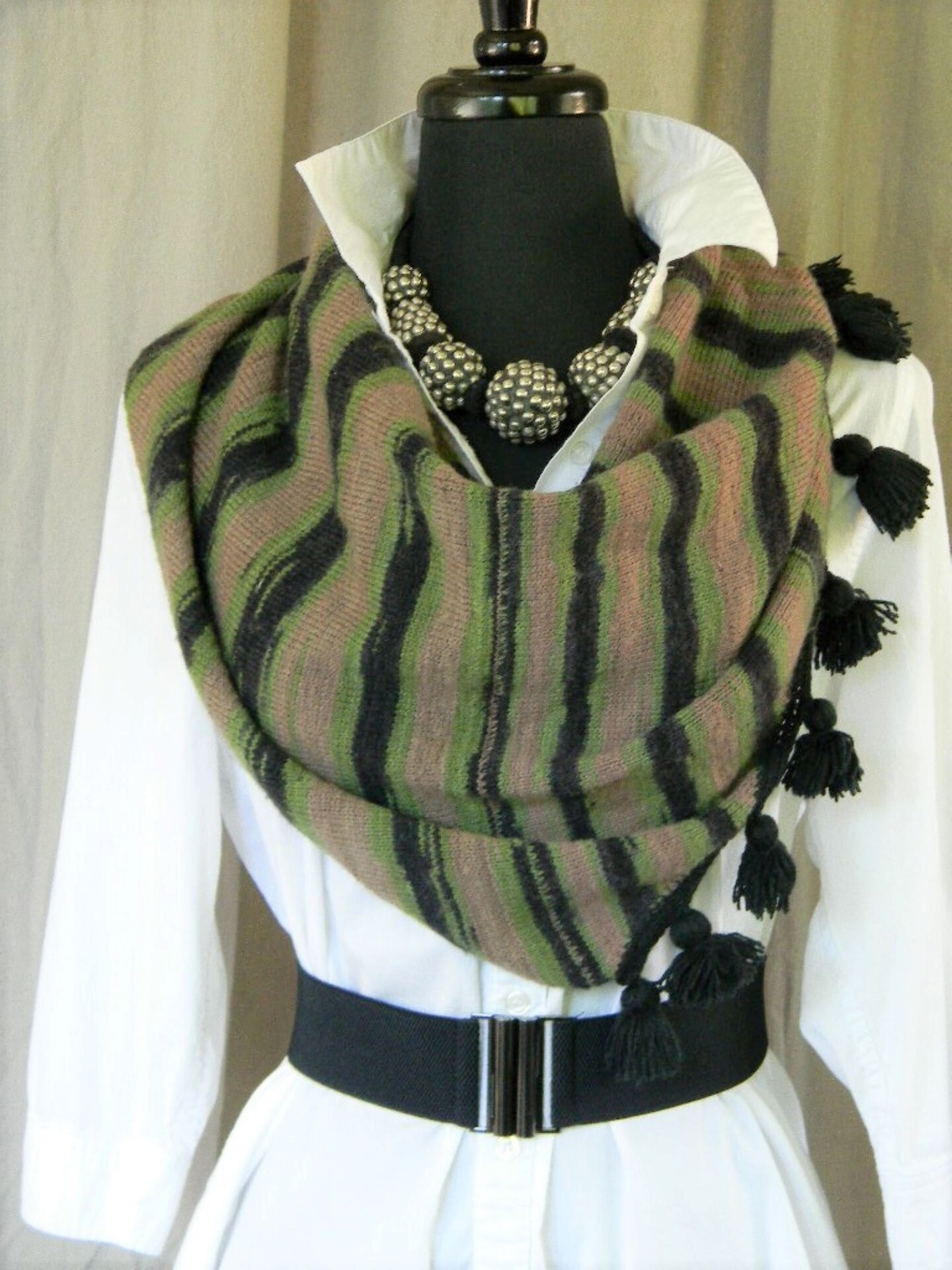 Handknitted Triangular Camouflage Khaki Striped Shawl with Black ...
